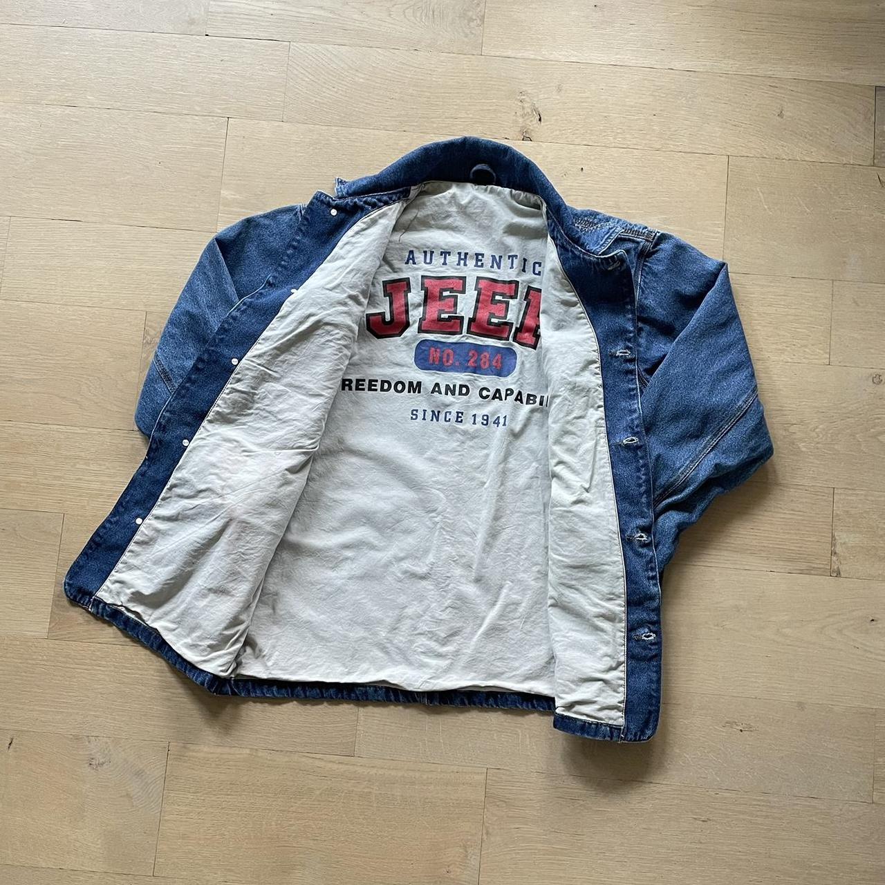 90s Jeep denim chore-coat style jacket Tagged Size:... - Depop