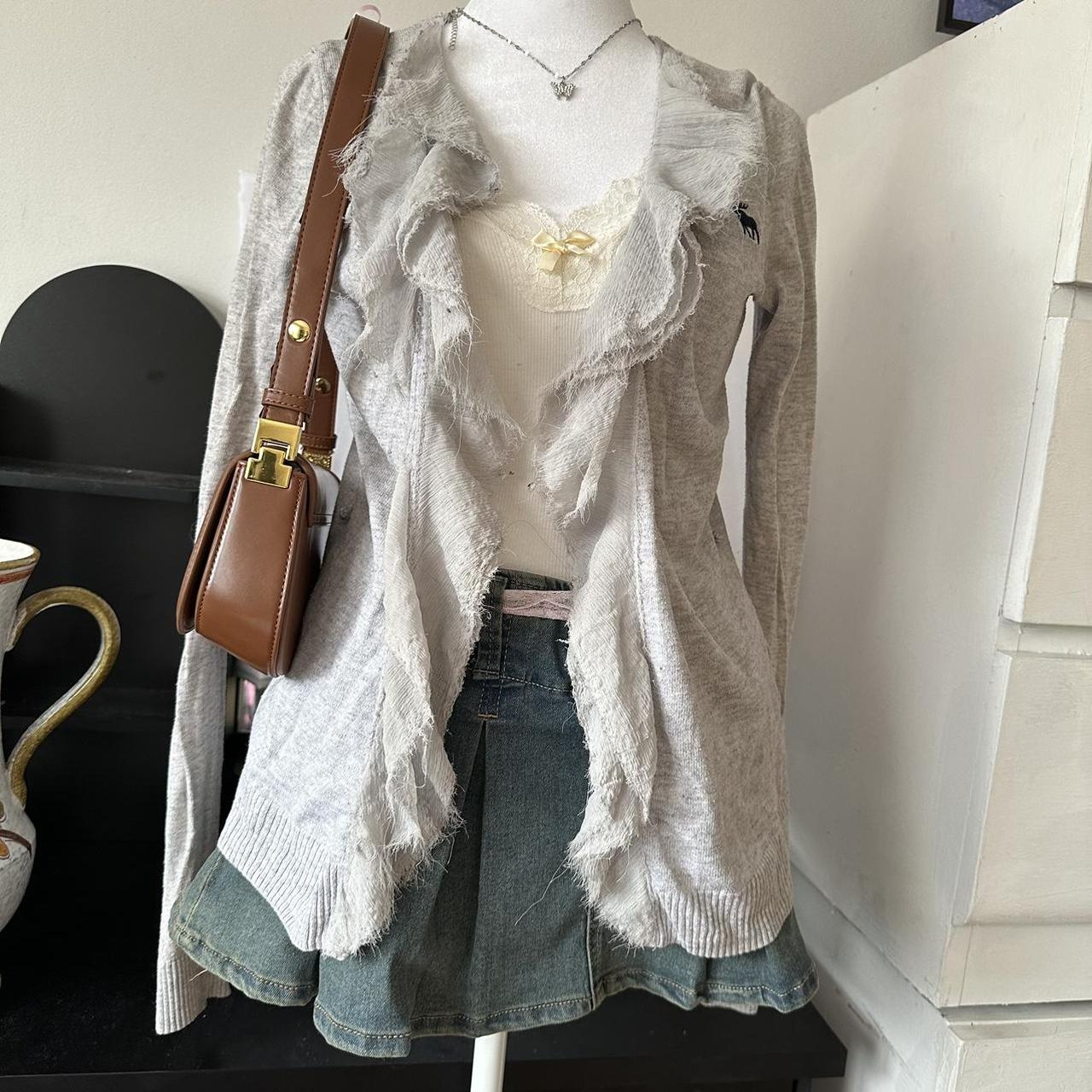 Vintage Grey ruffle cardigan with a touch of... - Depop