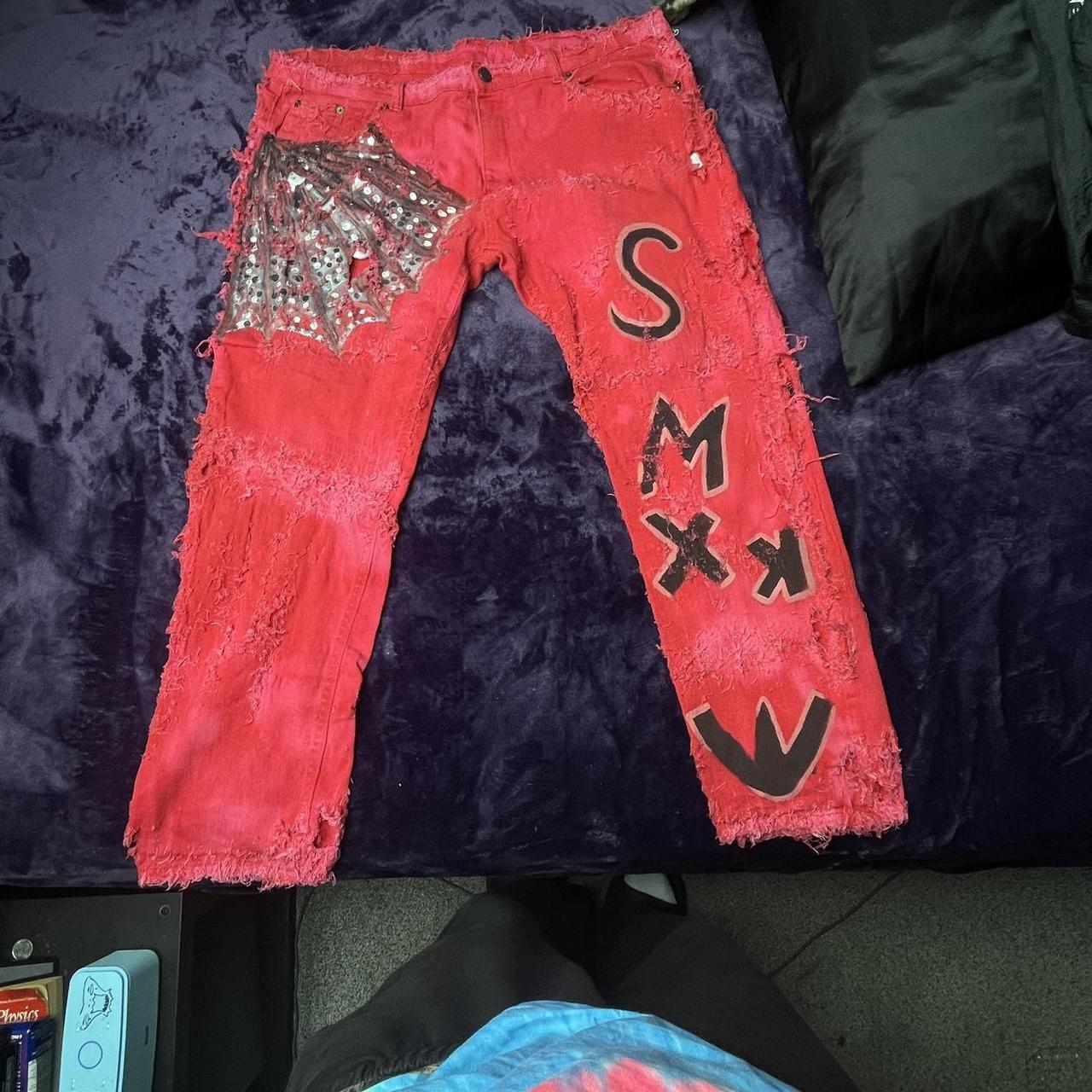 Custom-made red denim jeans with a grunge, punk, and... - Depop