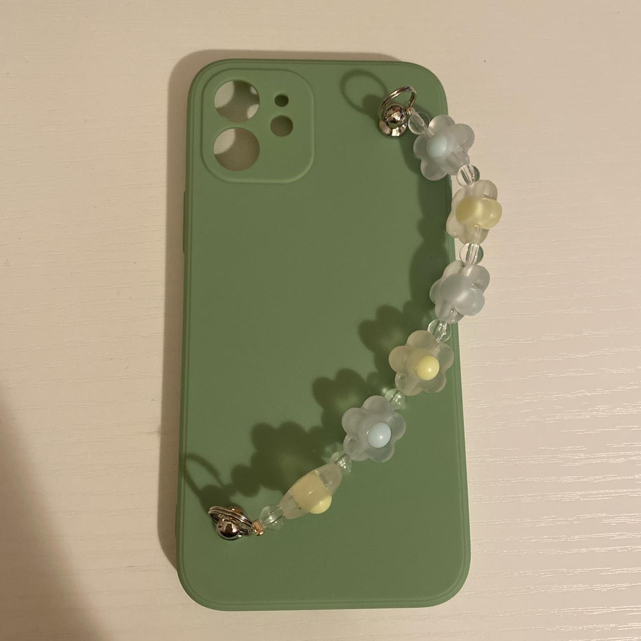 iPhone 12 Sage Green Case with Flower Hand Strap... - Depop