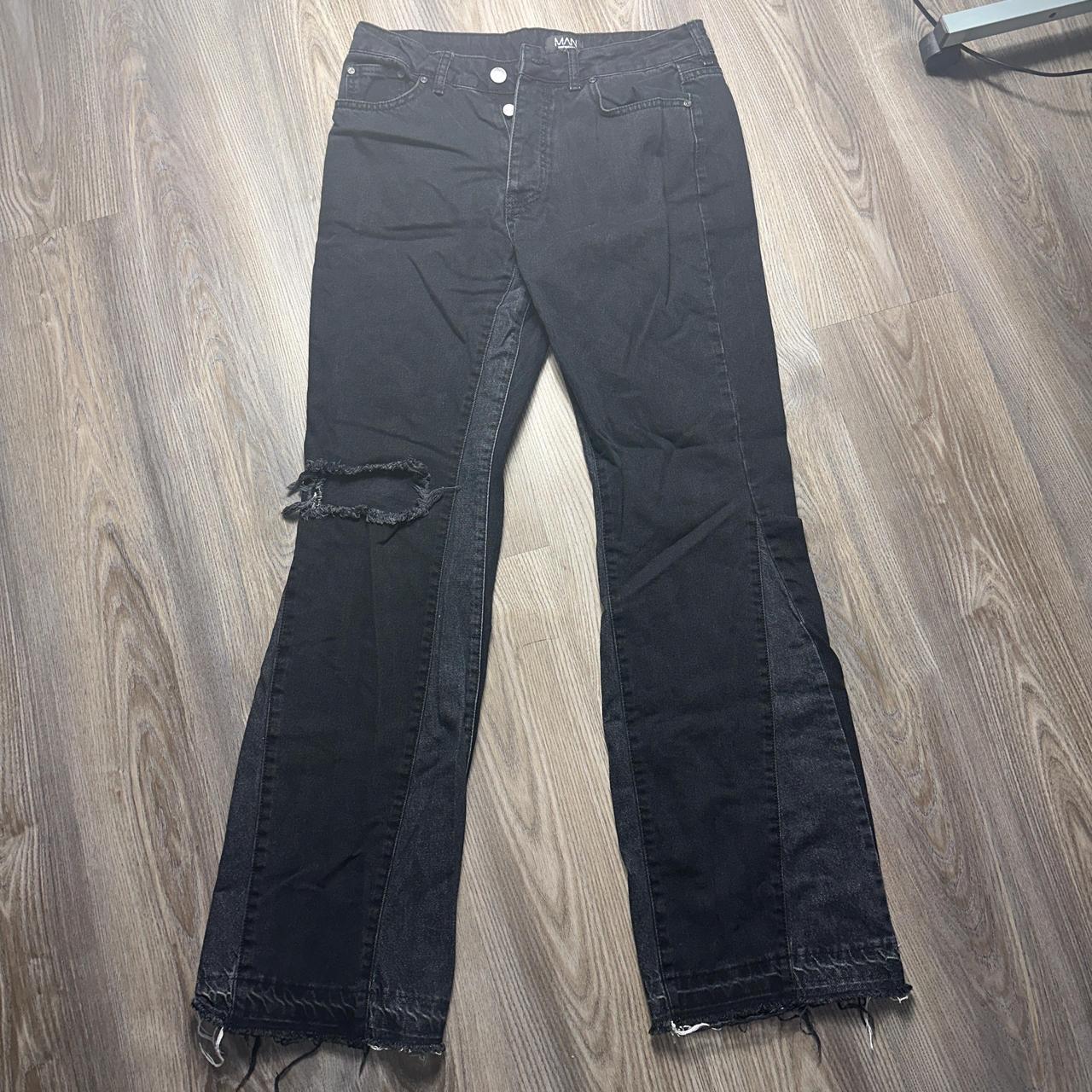 BoohooMAN Ripped Flare Jeans Size:32 Color:black - Depop