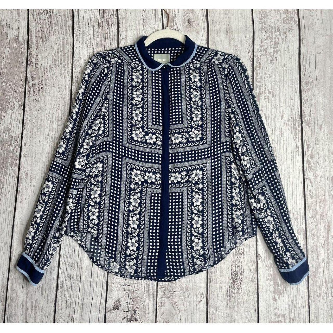 anthropologie MaEve Top Women 2 Button Up Print Blue... - Depop