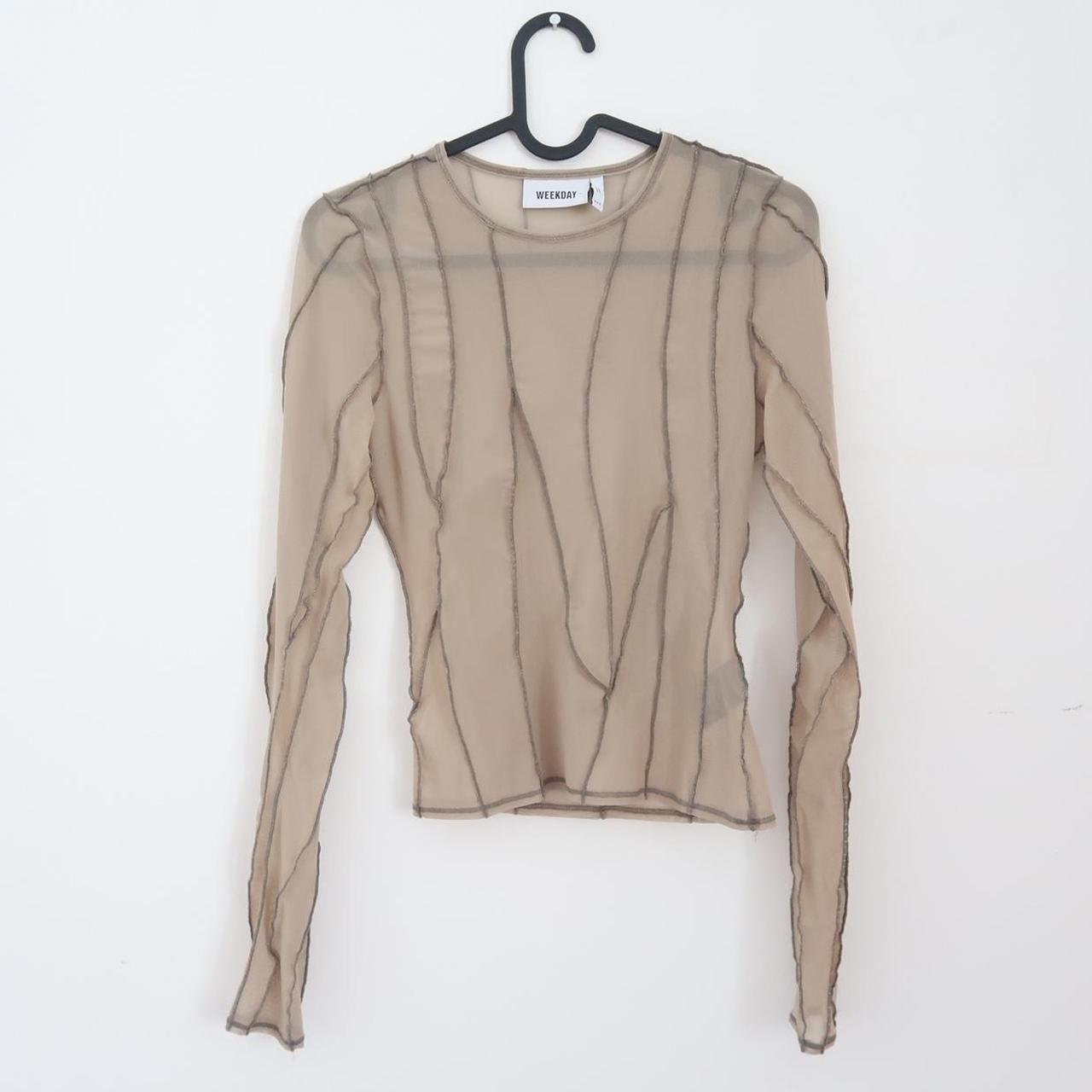 Beige see-through micro mesh long sleeve top with... | Depop