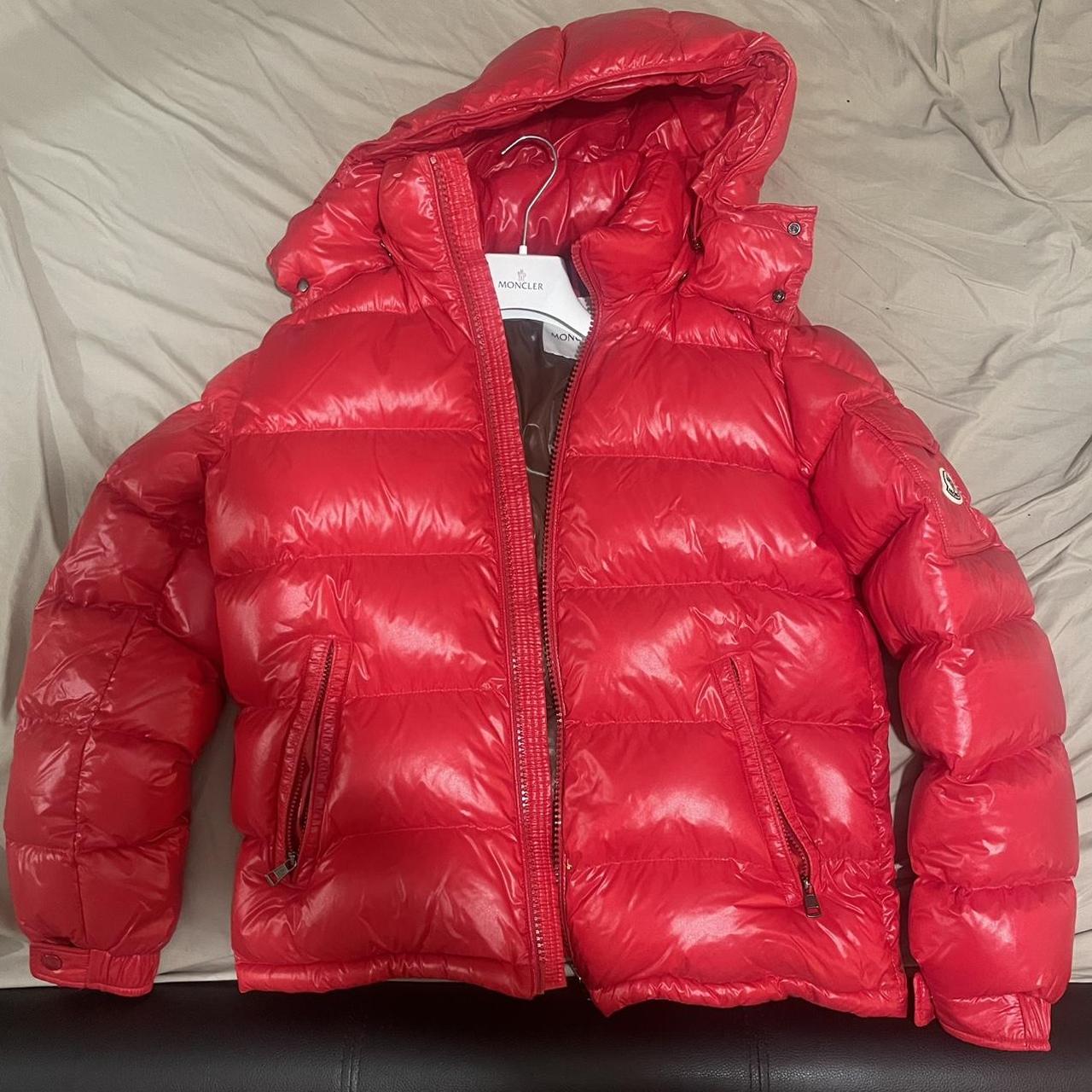 Moncler Mens Red Down Jacket with Detachable Hood... - Depop
