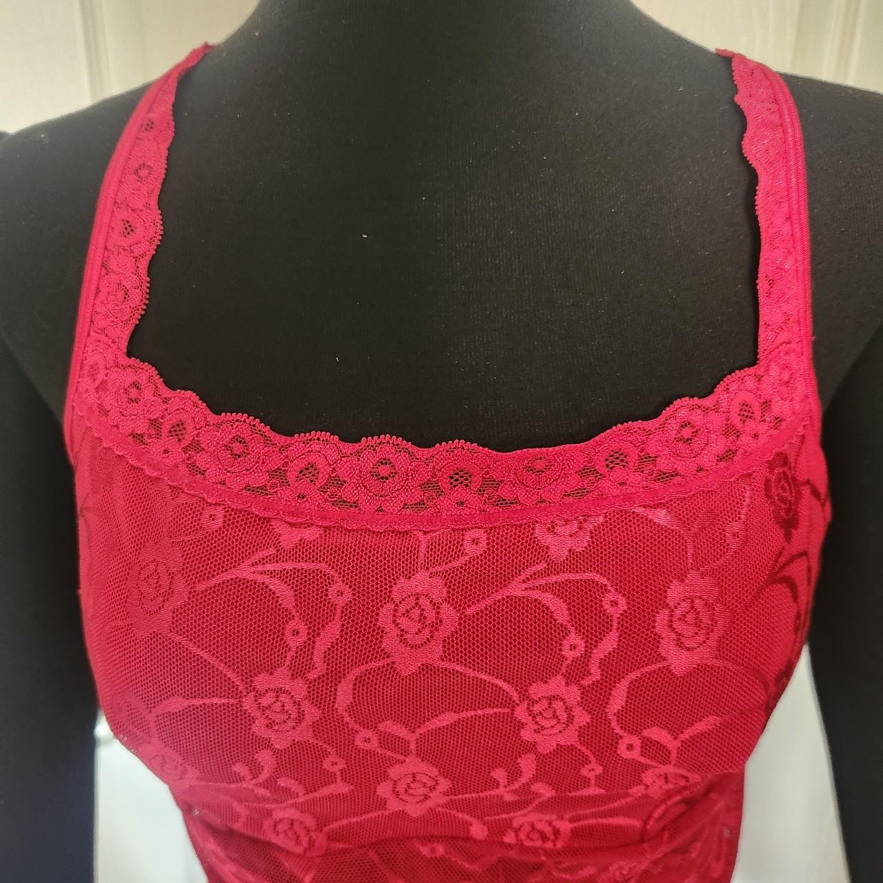 Bright red rose print lacey cami with lace trim and... - Depop