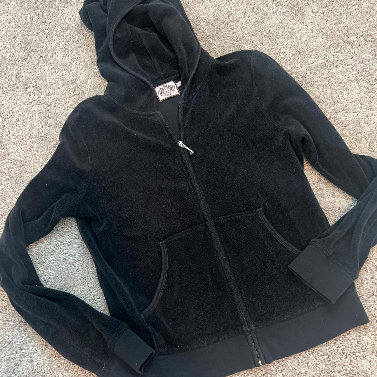 Black velour Juicy Couture zip-up hoodie in black... | Depop