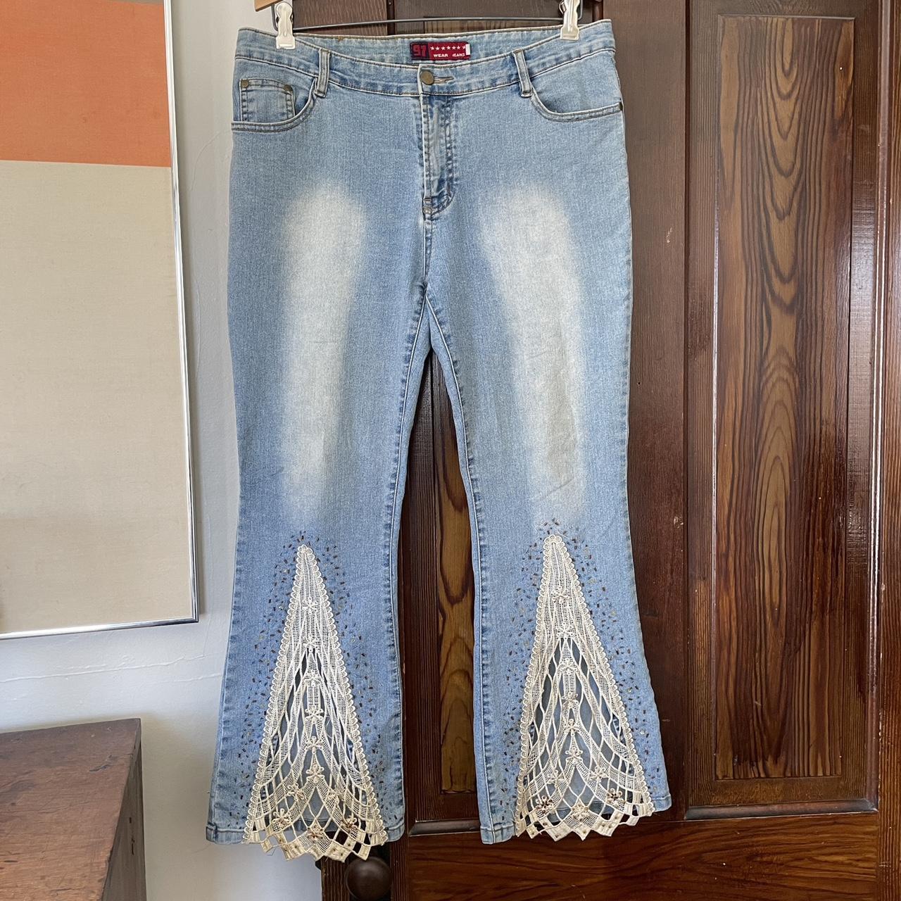 Vintage y2k low rise bootcut jeans with lace cutouts... - Depop
