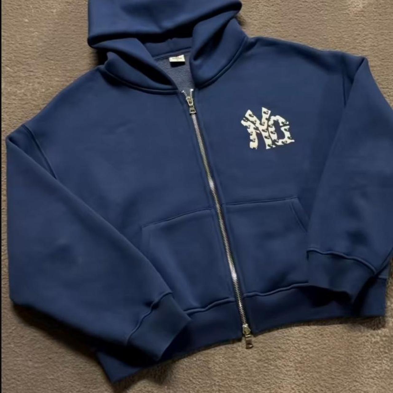 YG studios navy zip hoodie size small Mens size... - Depop