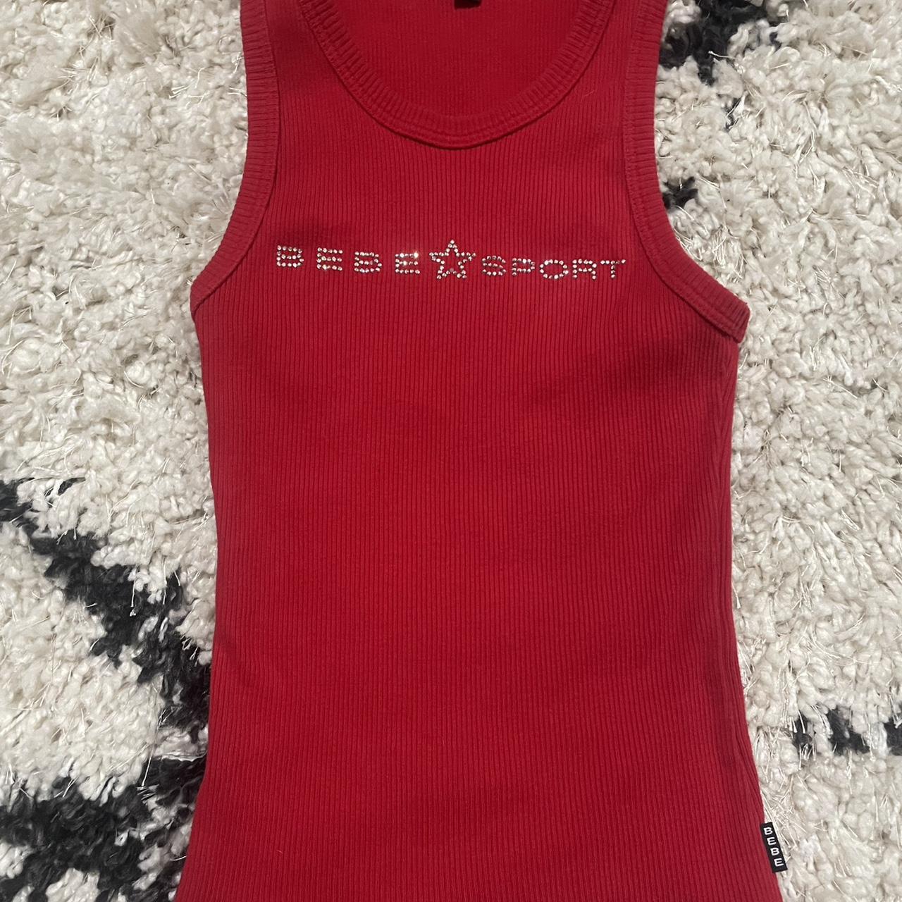 Red Bebe Sport tank top with rhinestone logo has... | Depop