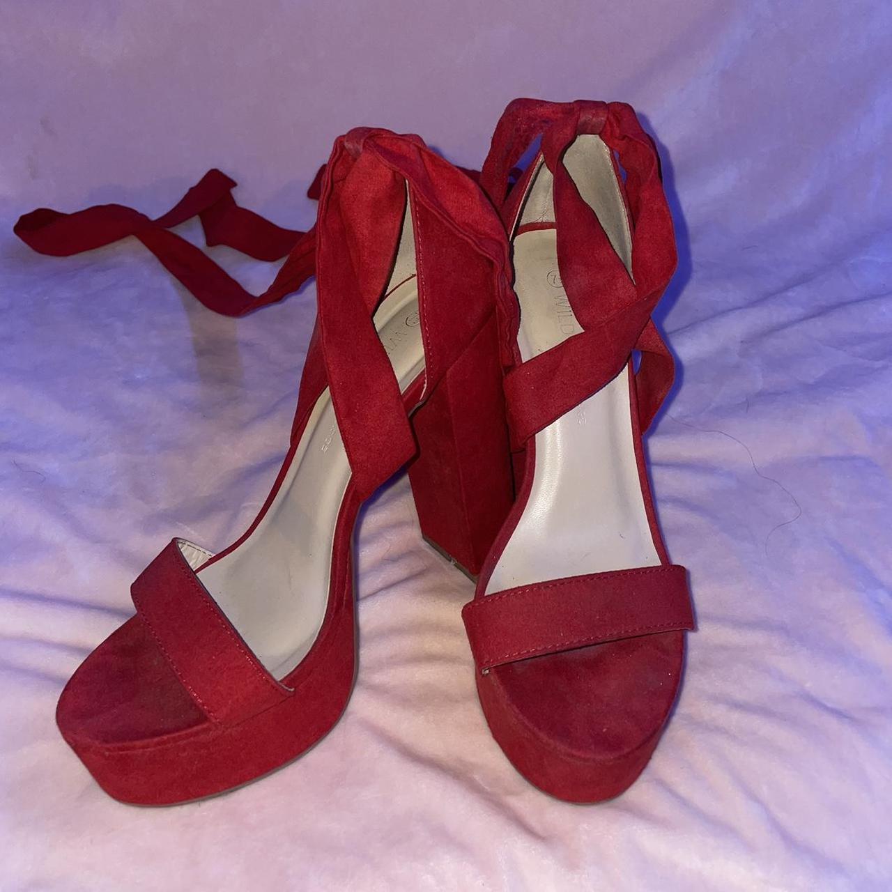 Red wrap around 4 in” heels Worn once for event - Depop