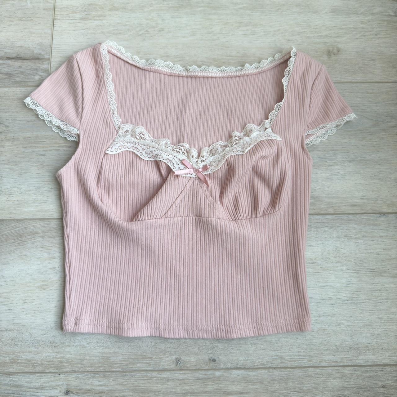 brand new coquette pink lace trim crop top #croptop... | Depop