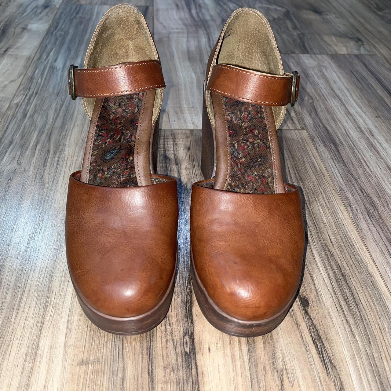 Brown BOC leather wedge heels with buckle strap... - Depop