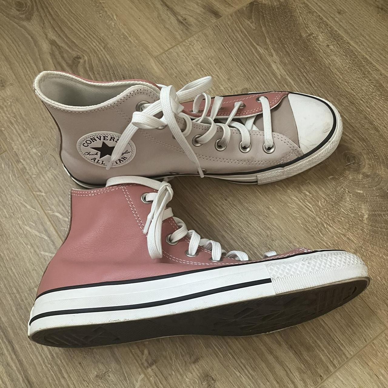 Pink multi toned faux leather high top converse.... - Depop