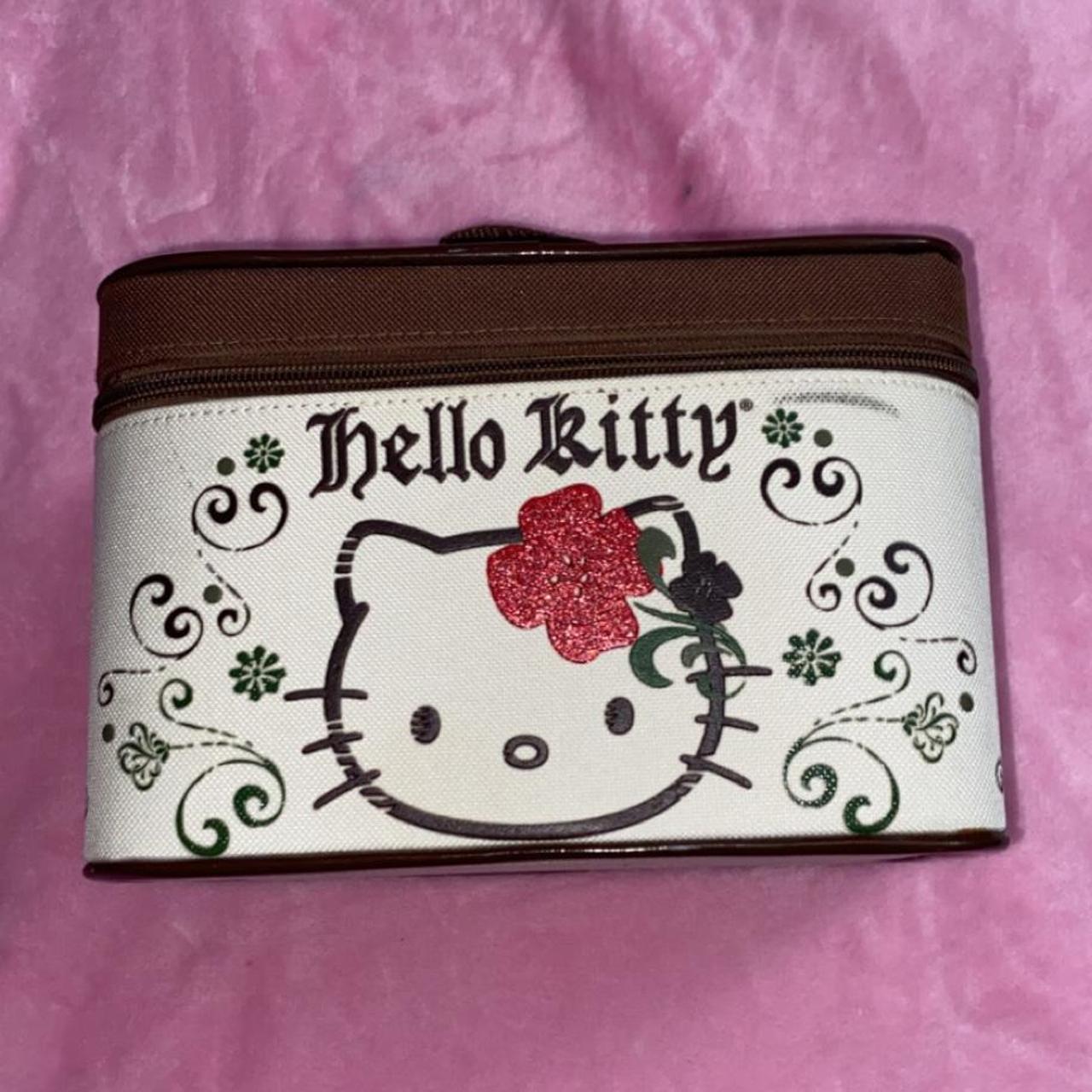 Rare Brown white red Hello kitty makeup bag from... - Depop