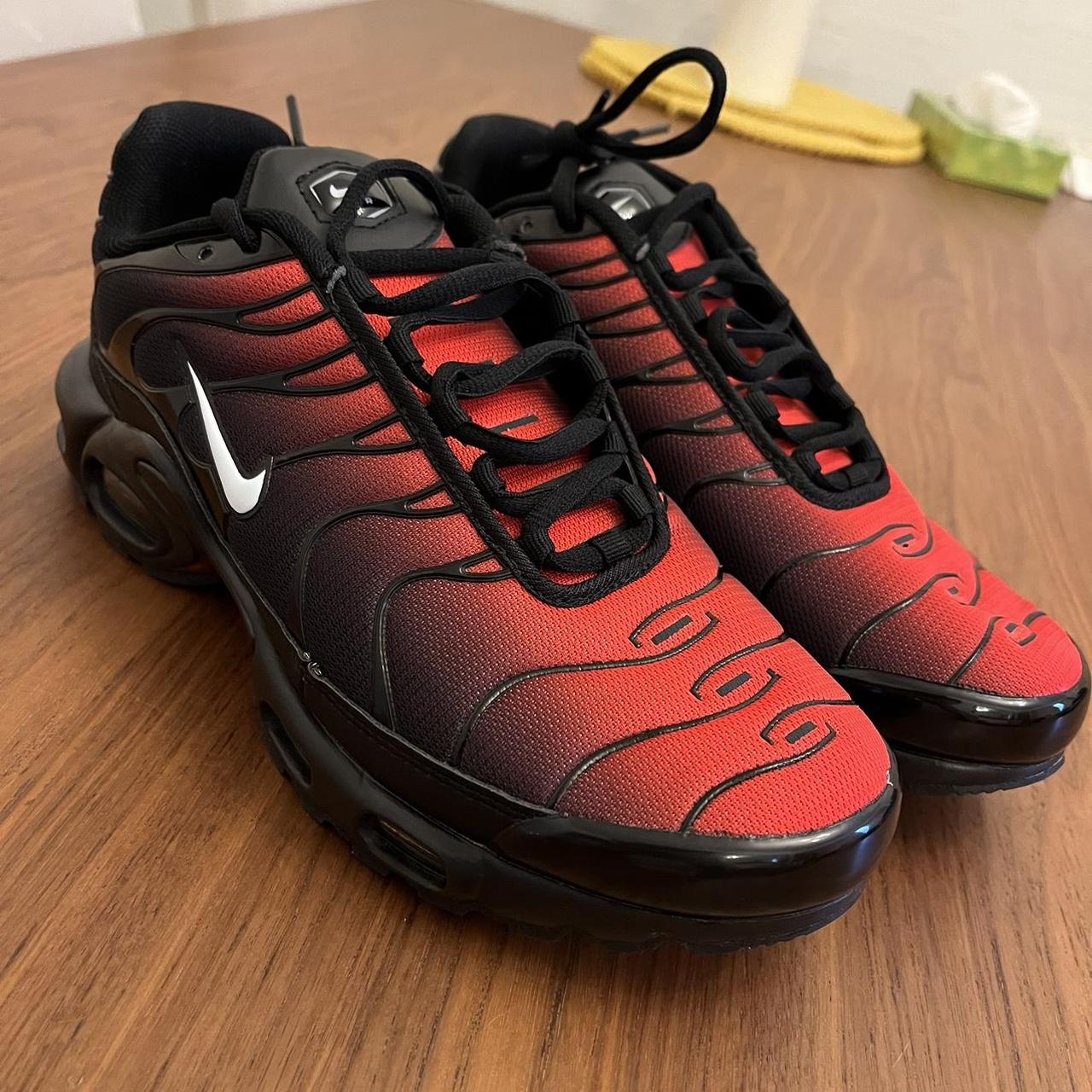 Red and black nike TNs. Size 7.5 UK - Depop
