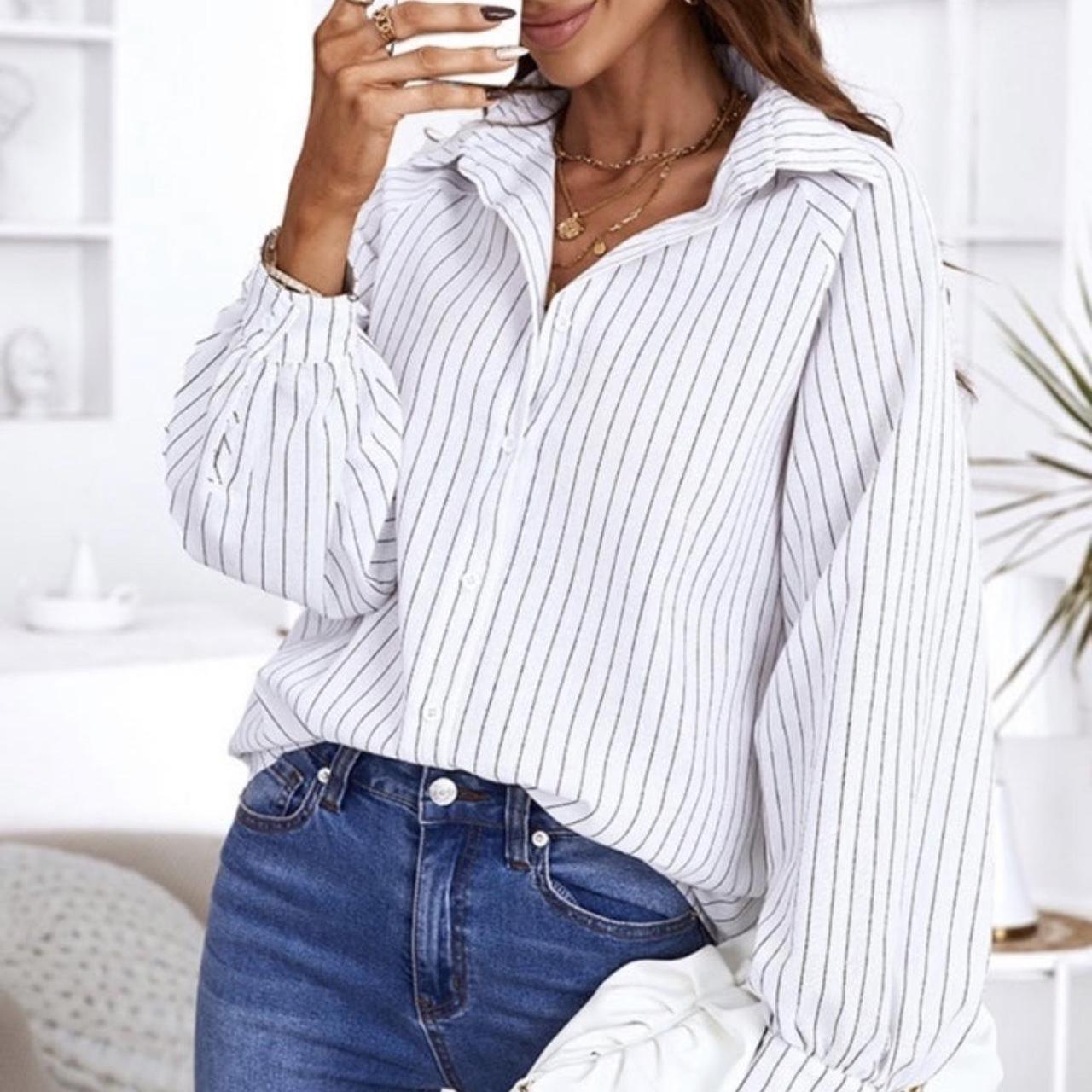 New CUPSHE striped oversize button-down blouse, size... - Depop