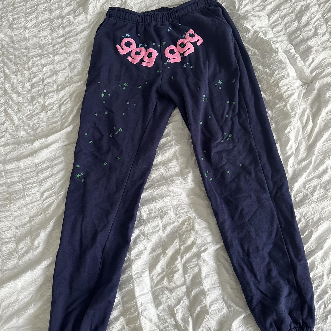 Sp5der Angel number 555 sweatpants size large Navy... - Depop