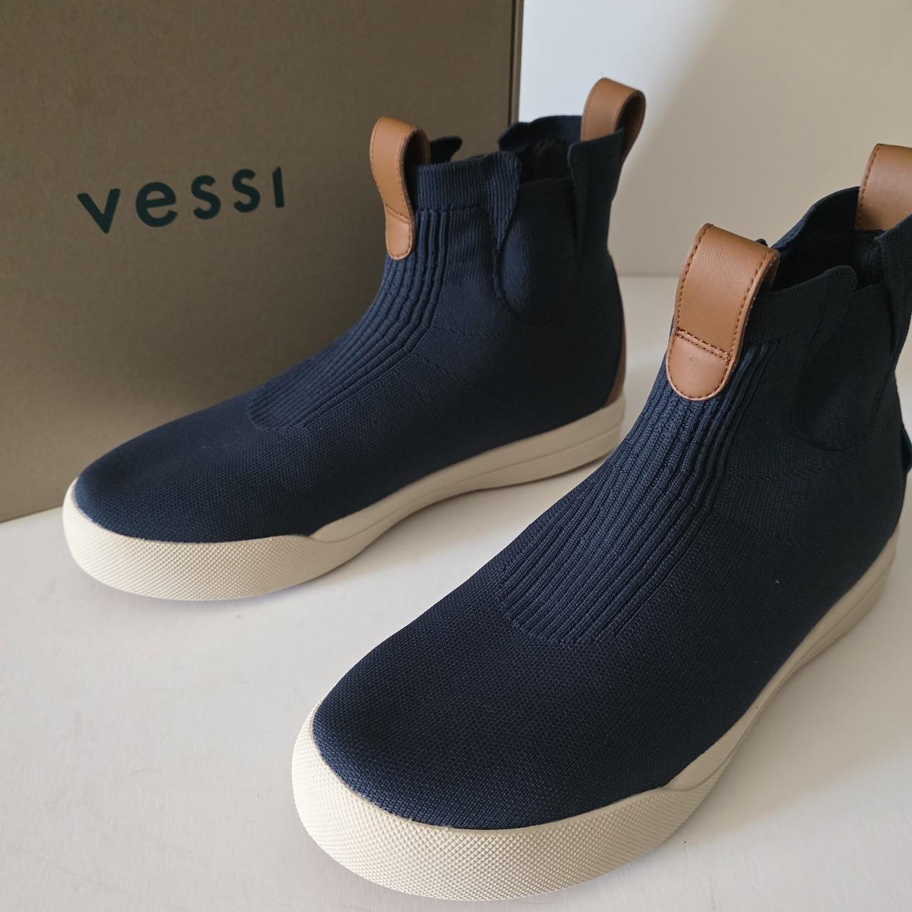 Stylish Vessi high-top sneakers in navy and tan.... | Depop