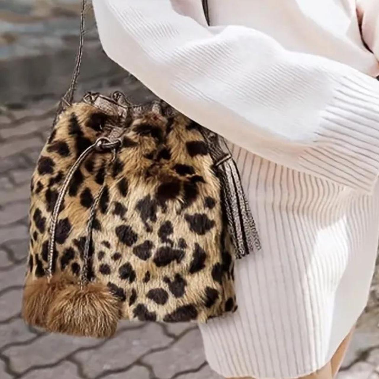 Leopard print faux fur bucket fashion bag with... - Depop