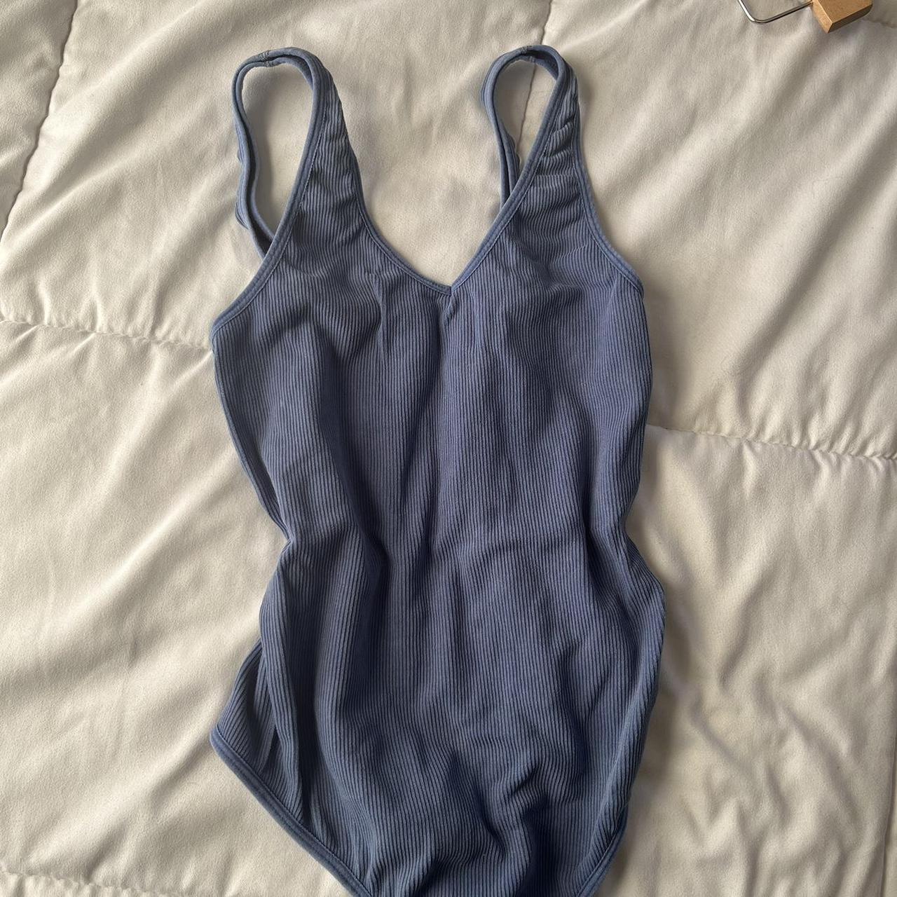 Dusty Blue V Neck Ribbed Bodysuit only worn once,... - Depop