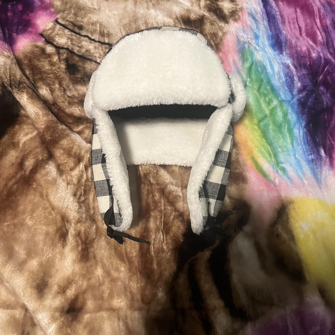 Plaid black and white ushanka hat one size fits all... - Depop