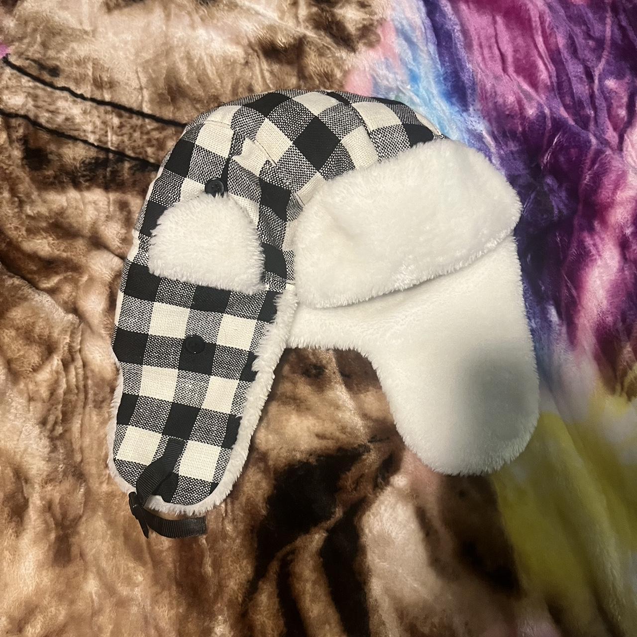 Plaid black and white ushanka hat one size fits all... - Depop
