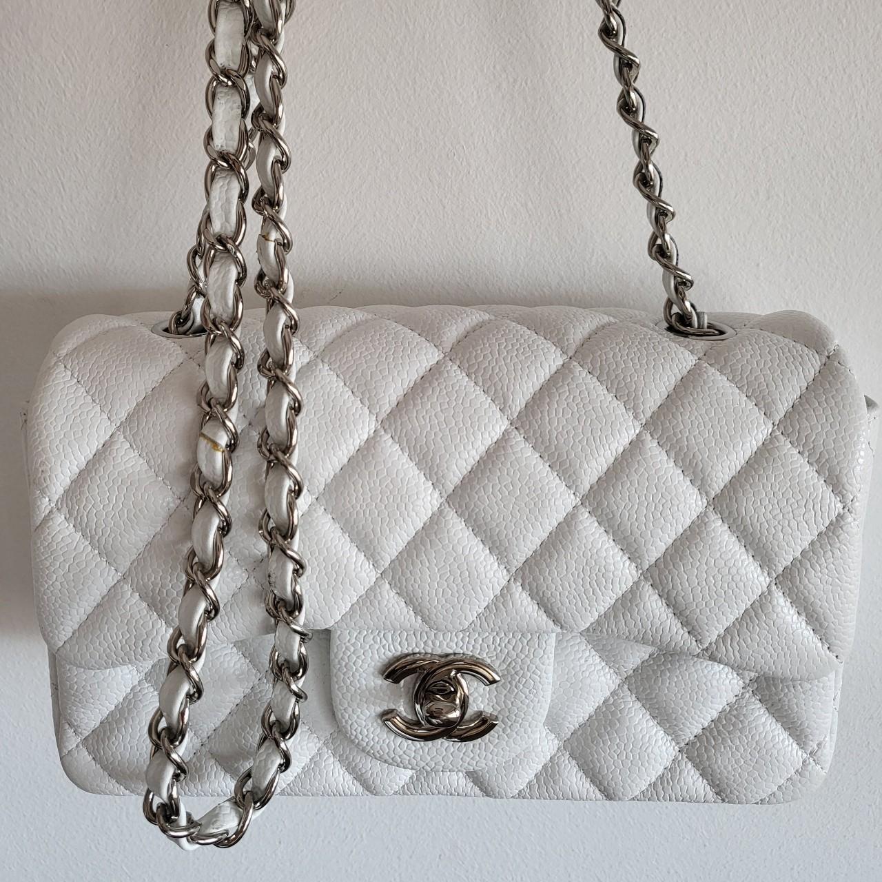 Chanel mini classic flap in white caviar. Never worn... - Depop