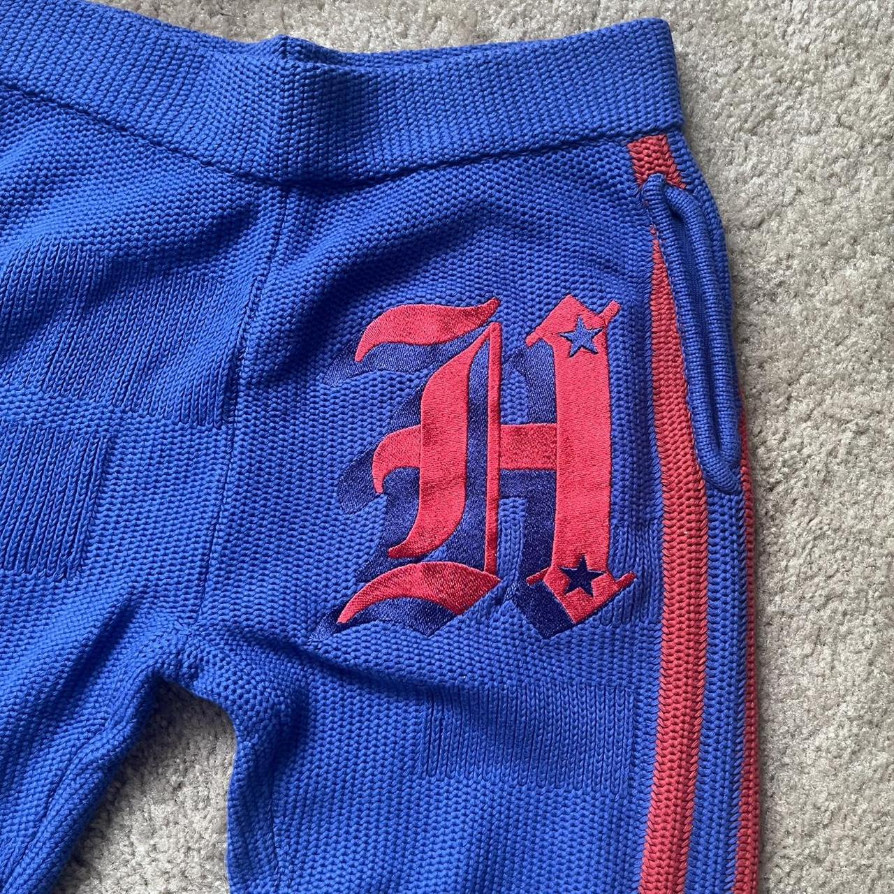 Hollywood Hideout Knitted Blue & Red Sweatpants with... | Depop