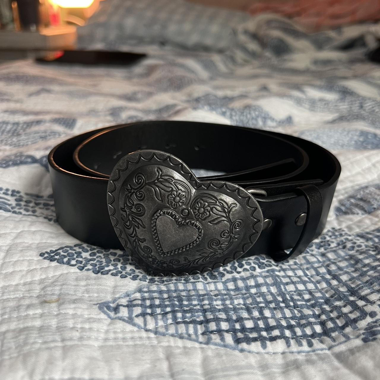 black and silver leather heart belt #belt #heart - Depop