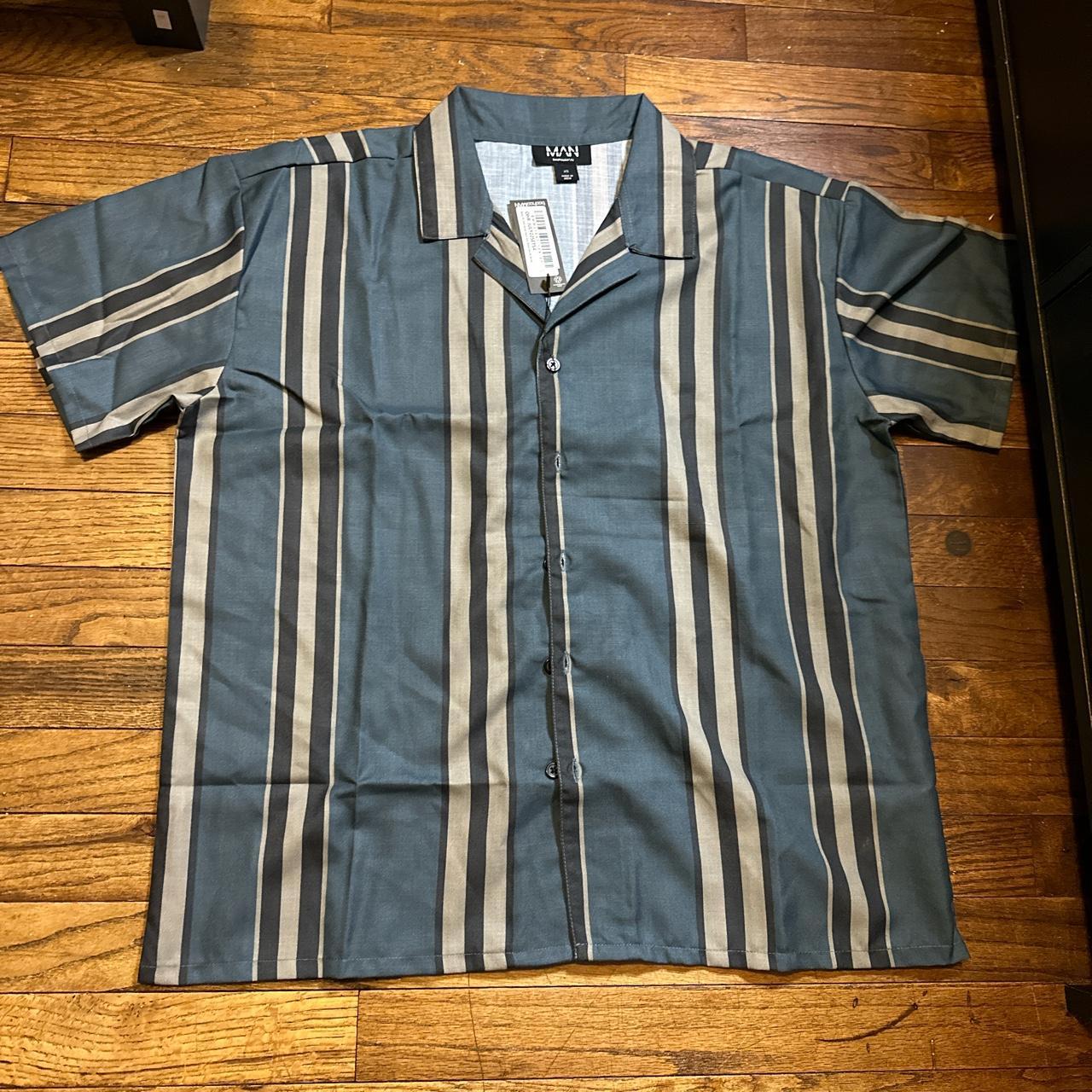 Boo hoo MAN boxy fit striped blue shirt - Depop