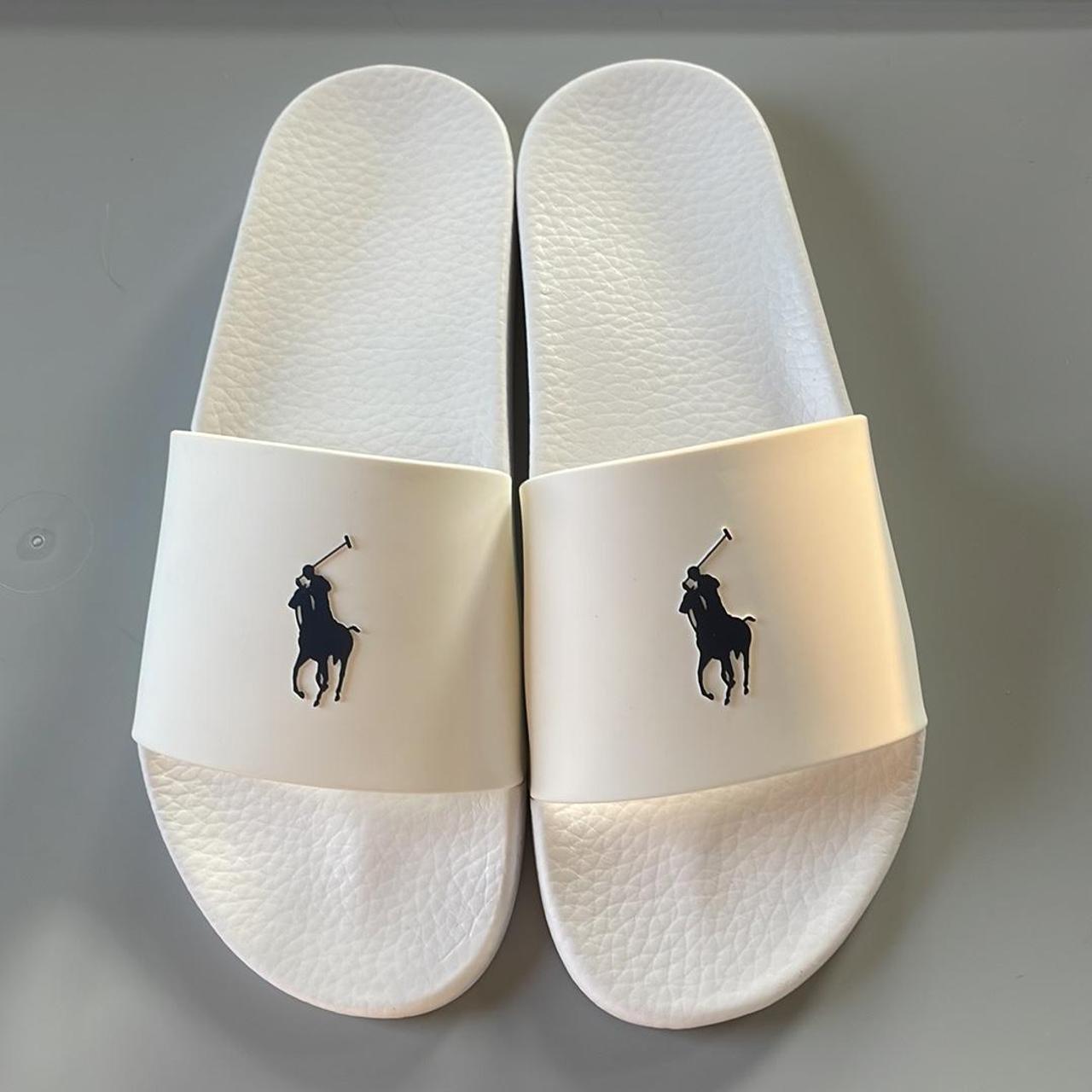 Polo Ralph Lauren Men's White and Navy Slides | Depop