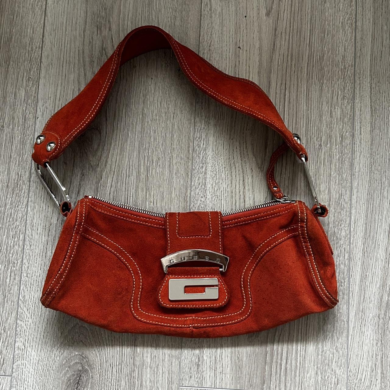 Vintage orange Guess suede shoulder bag with silver... - Depop