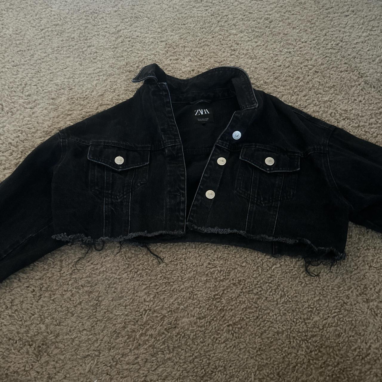 Black denim Zara cropped jacket, with silver... - Depop