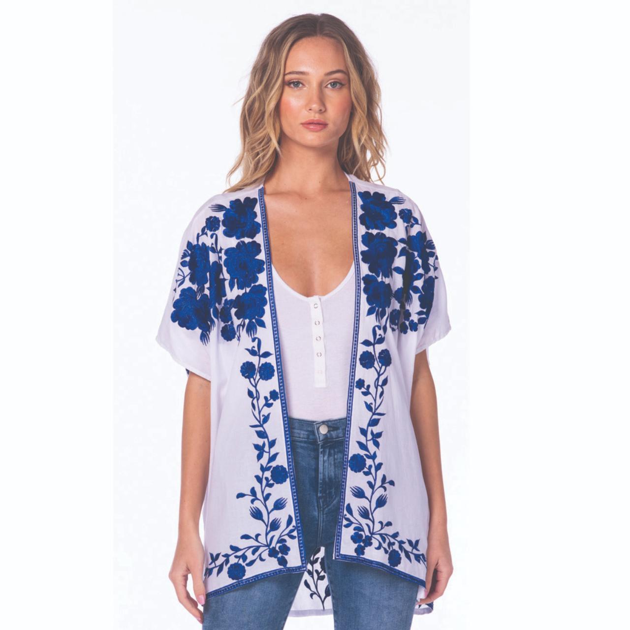 Tolani Collection Navy White Embroidered Kimono... | Depop