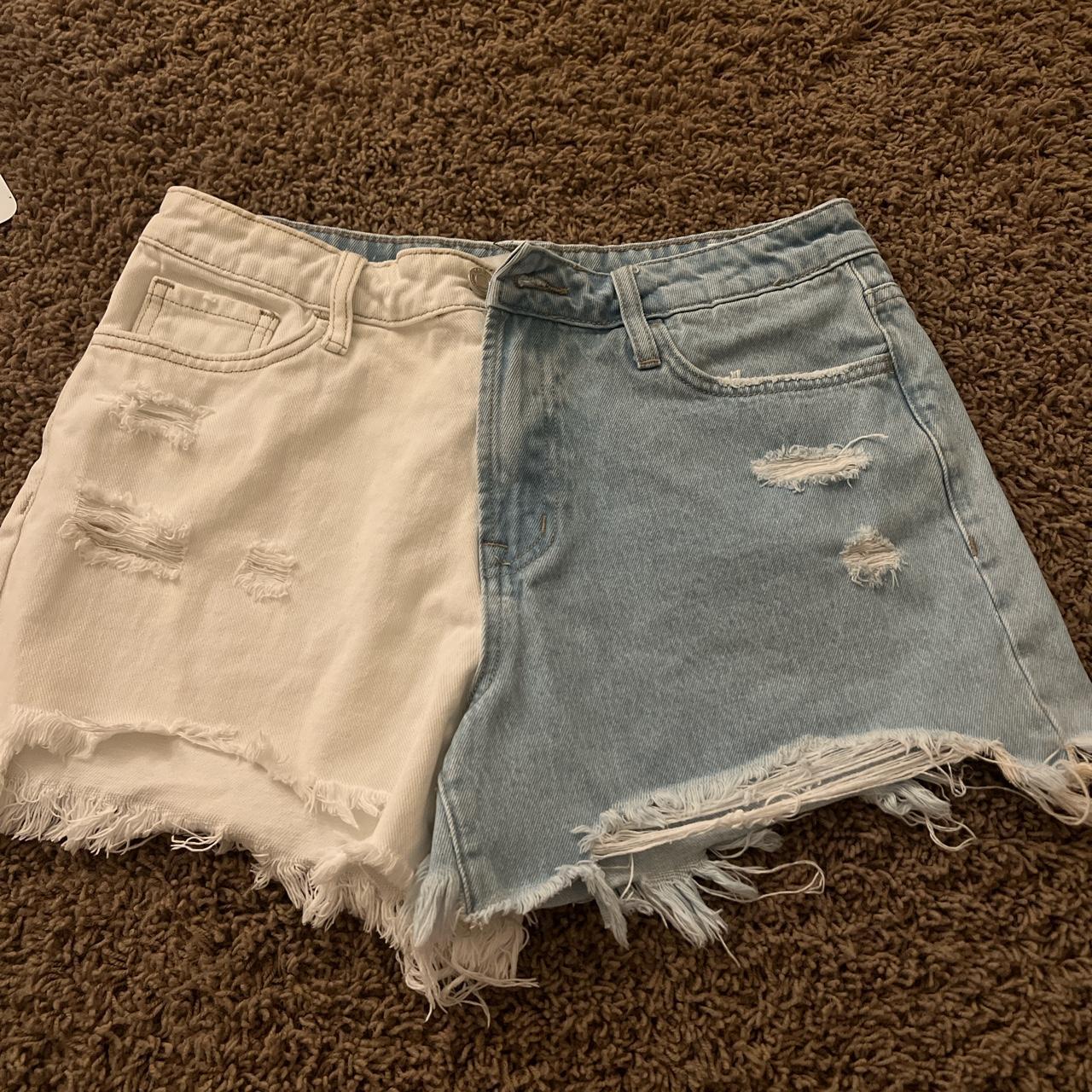 Half colored light blue half white shorts - Depop