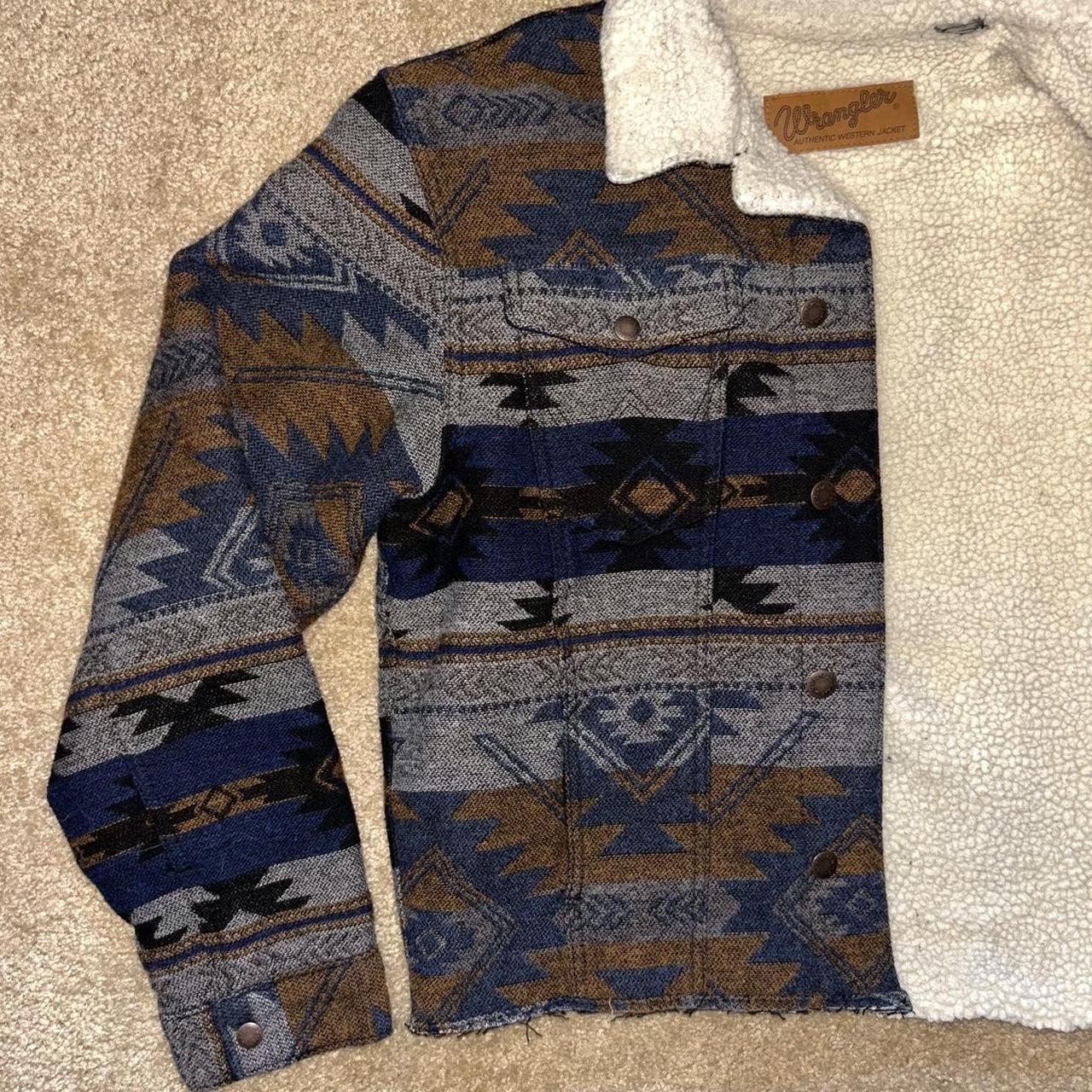 BROWN/BLUE/GREY WRANGLER AZTEC SHERPA JACKET. MEN’S... - Depop