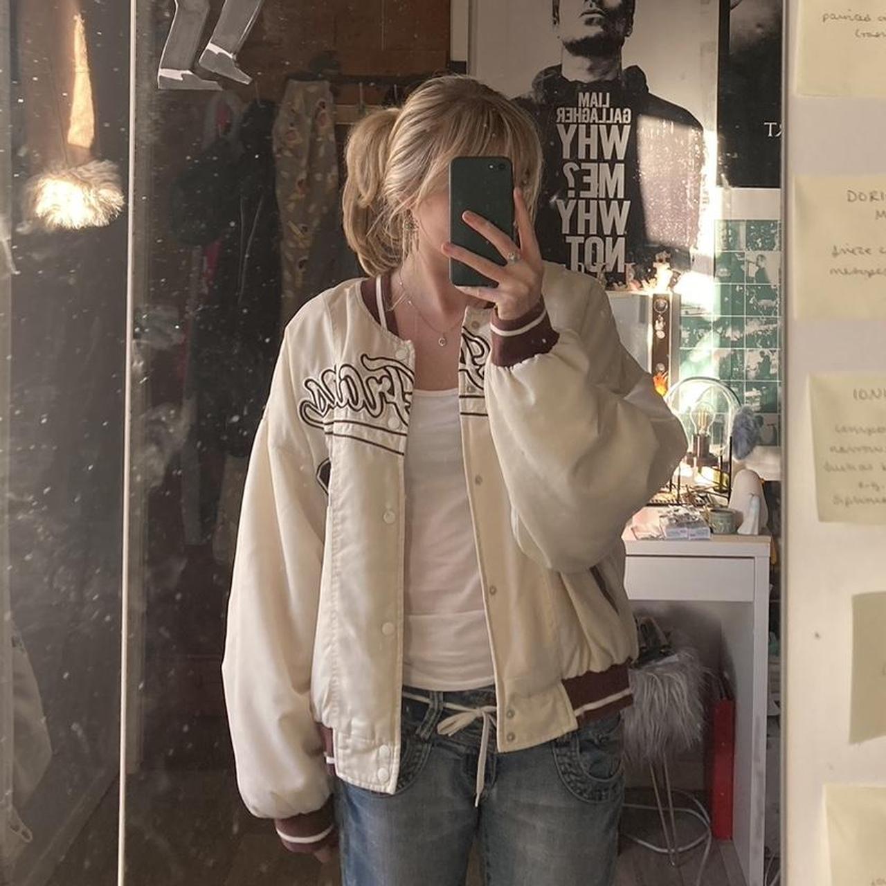 Brown/beige Urban Outfitters bomber jacket Super... - Depop