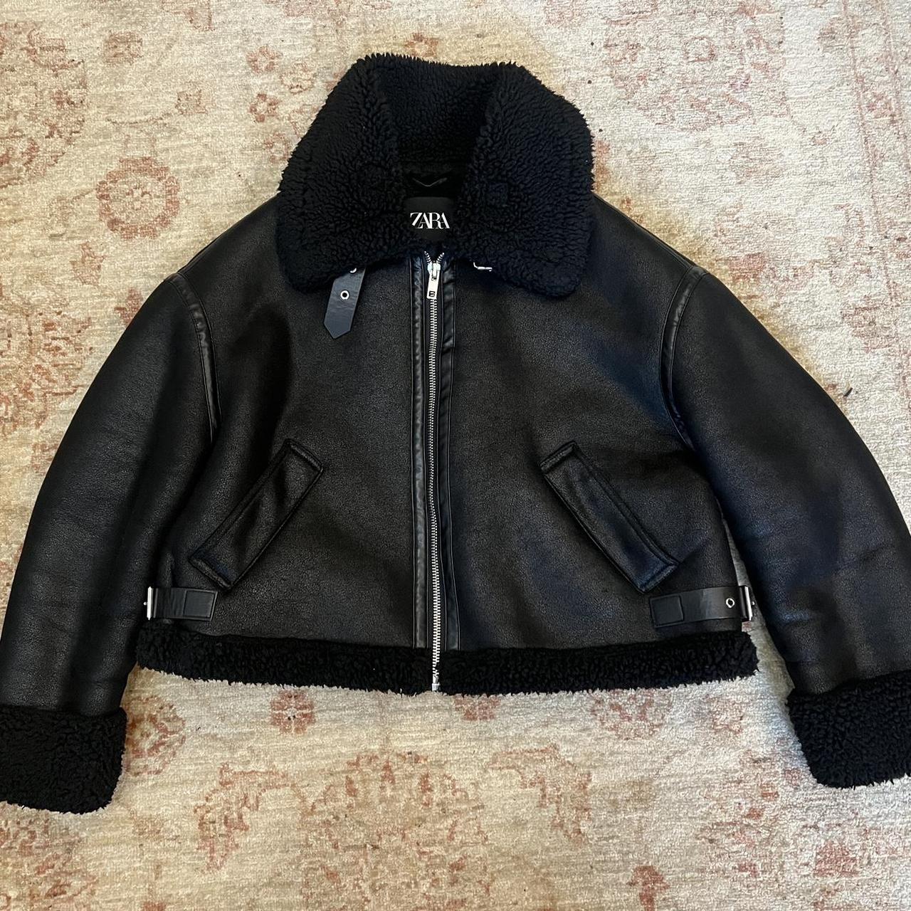 Black Aviator Jacket Leather Fluffy Shearling... | Depop