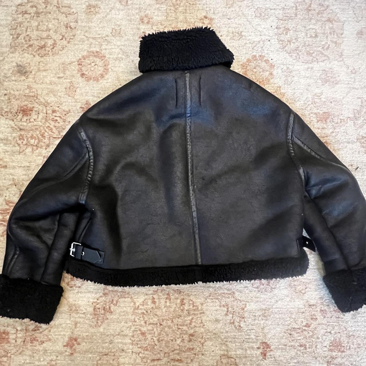 Black Aviator Jacket Leather Fluffy Shearling... | Depop