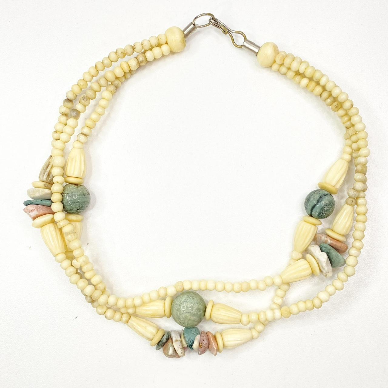 Vintage 70’s Celluloid and Stone Three Strand Beaded... | Depop
