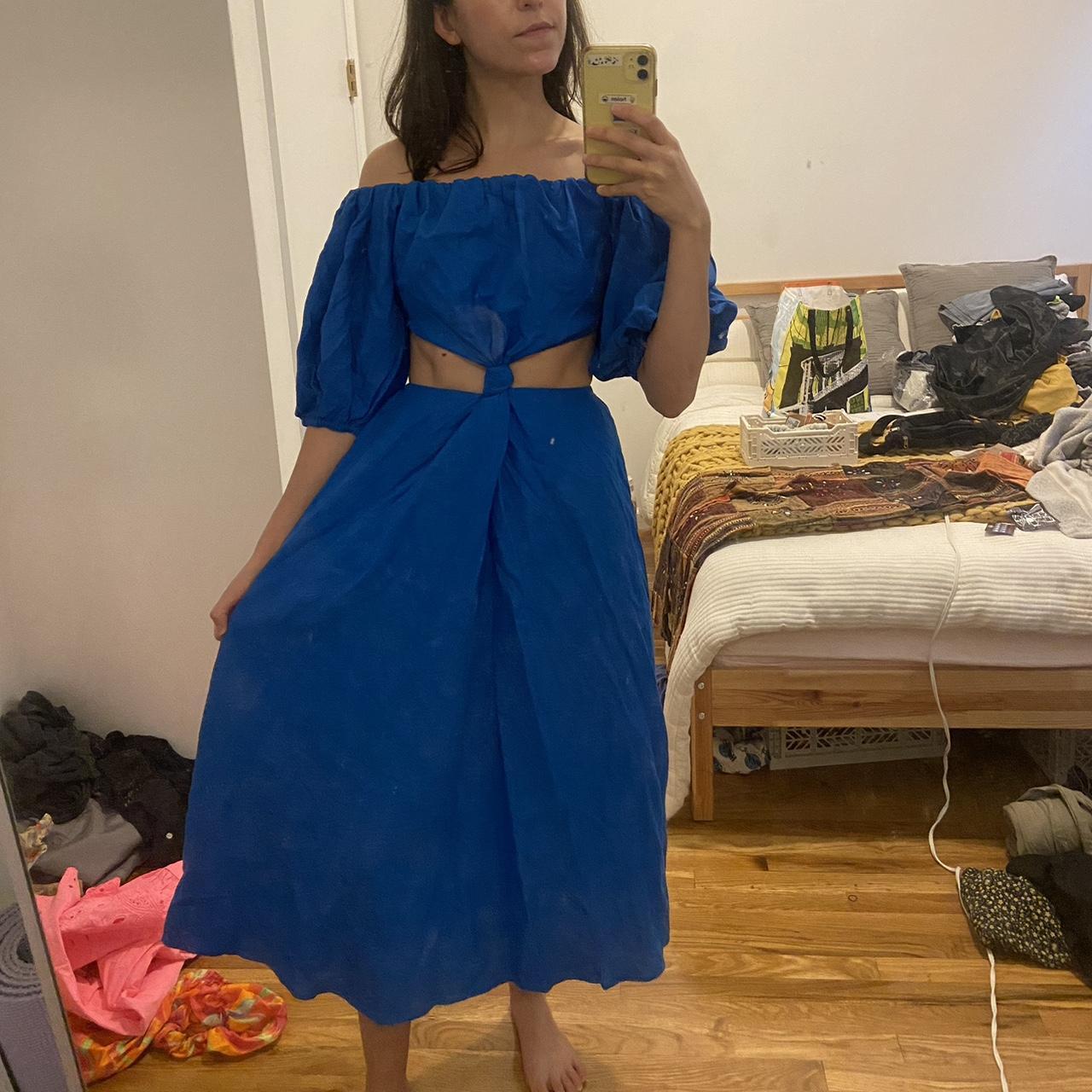 Farm Rio knotted blue linen-blend dress. Super comfy... - Depop