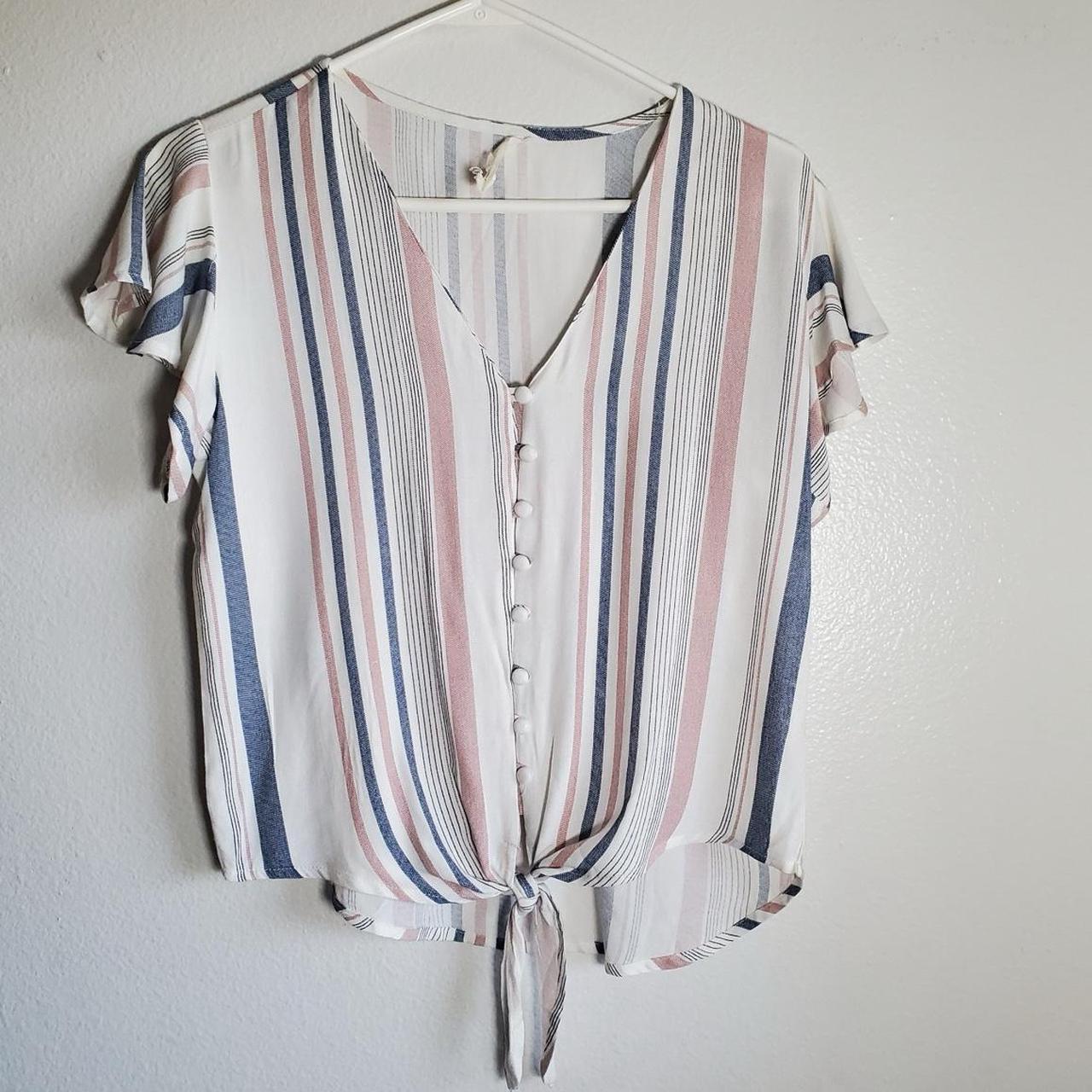 Sim and sam linen White striped button down blouse... | Depop