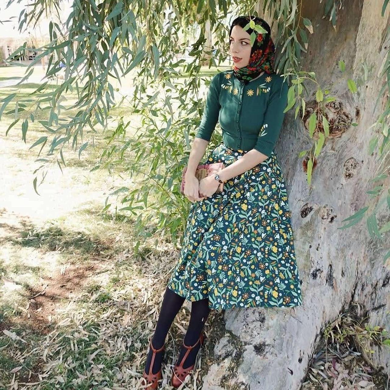 ModCloth x Collective Green Spring Floral 50s Circle... - Depop