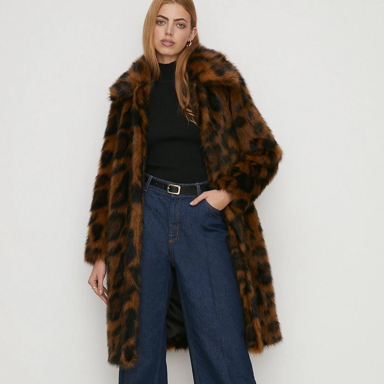 Oasis Collared Longline Leopard Print Faux Fur Coat... - Depop