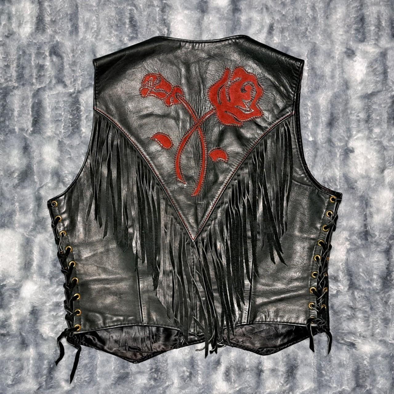 Leather Fringe Rose Flower Vest MEASUREMENTS: PIT... - Depop