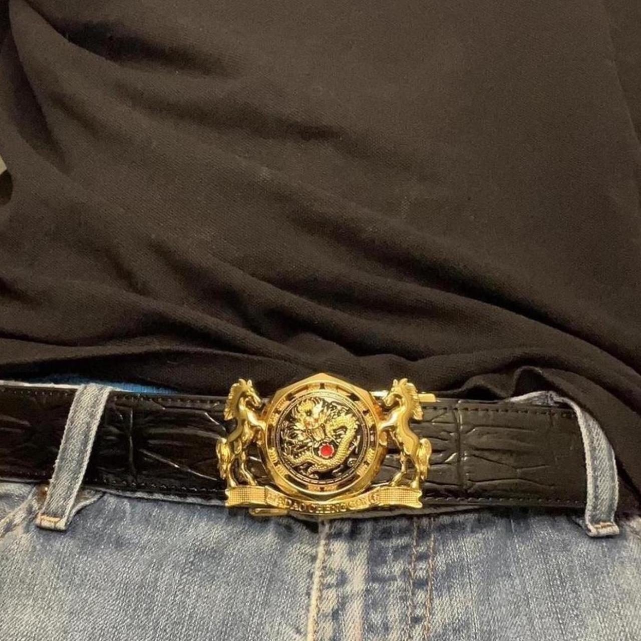 y2k cyber grunge belt, Gold Plated emblem, crocodile... - Depop