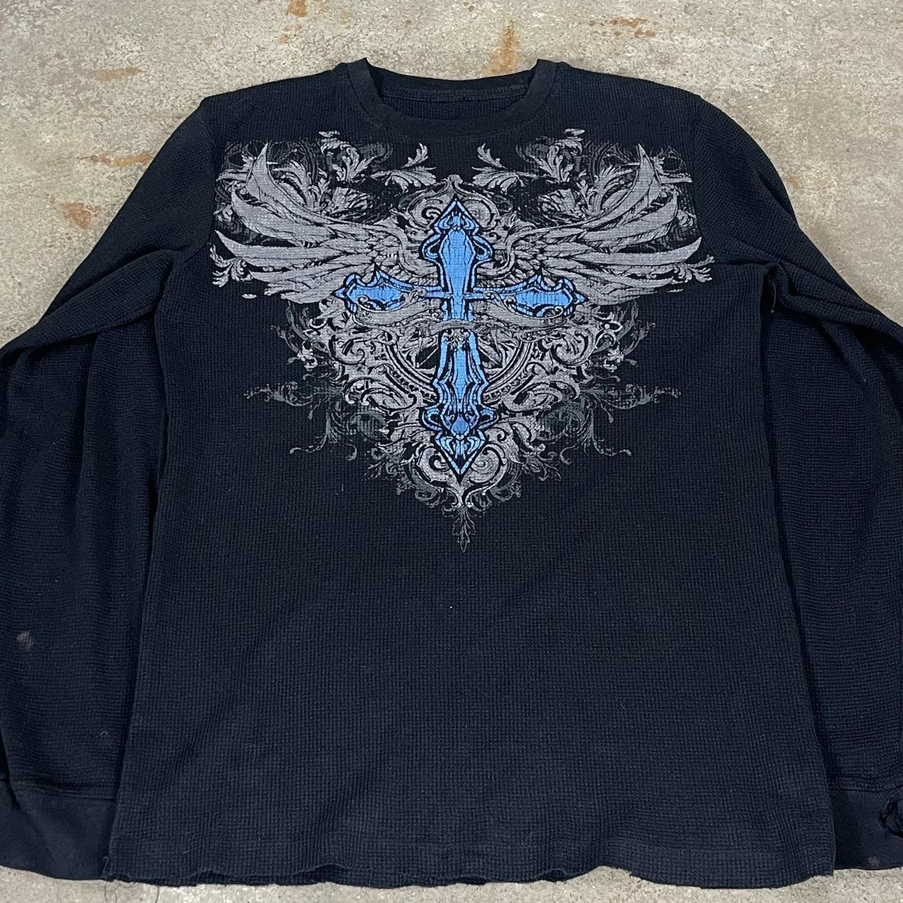 vintage 2000s grunge y2k cyber cross & wing crest... - Depop