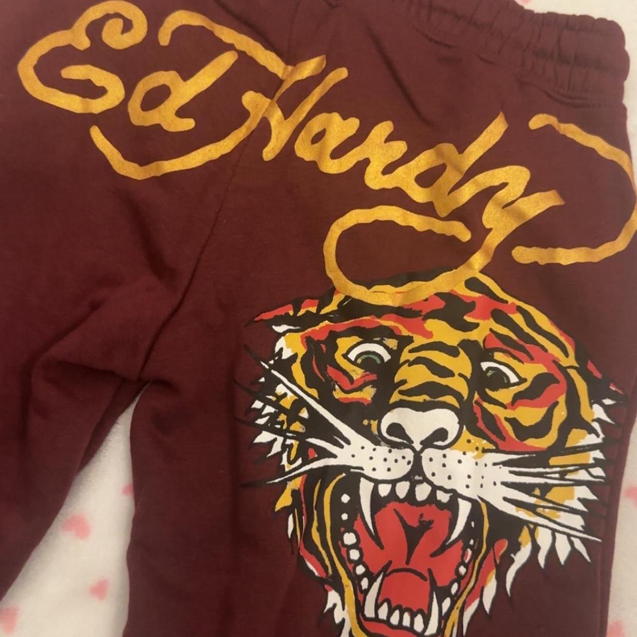 Ed Hardy burgundy and gold tracksuit Size XS... - Depop