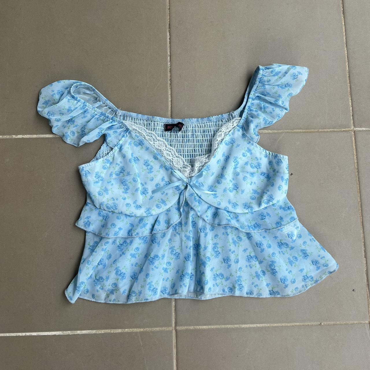 baby blue mermaid ditsy floral ruffle trim top only... - Depop