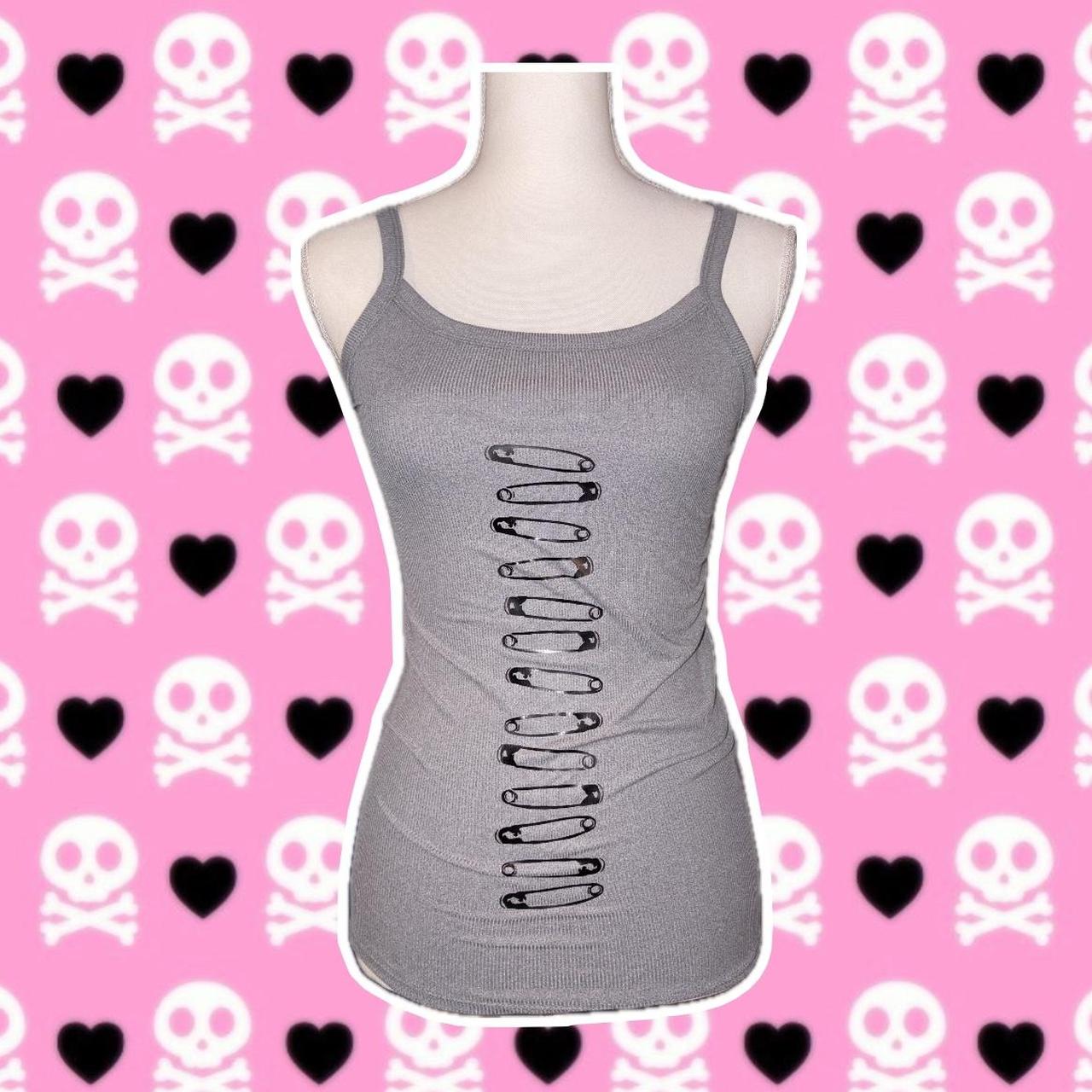 Grey n black safety pins tank top ༺☆༻ Size:... | Depop